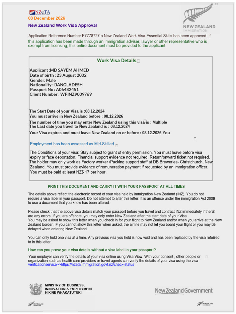 New Zealand Work Visa Approval Details | PDF | Travel Visa | Passport