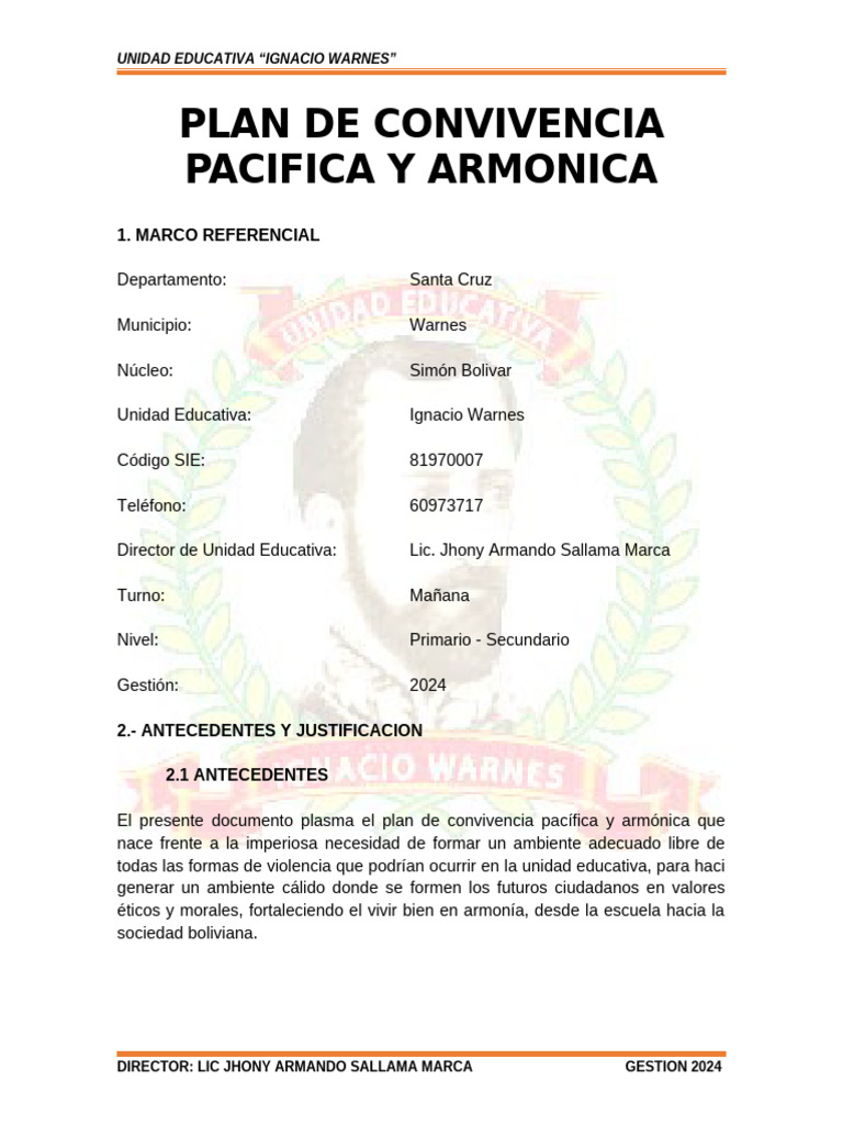 PLAN DE CONVIVENCIA PACIFICA Y ARMONICA 2024 IGNACIO WARNES(1) | PDF | Mediación | Maestros