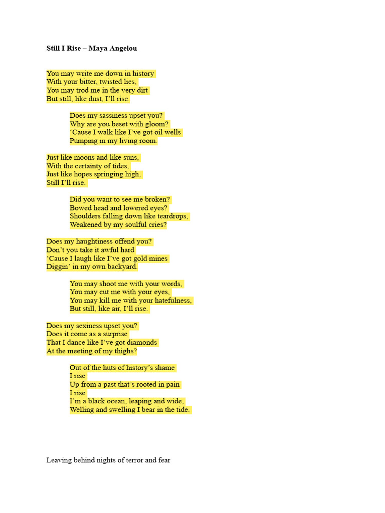 Still I Rise by Maya Angelou - Poem | PDF