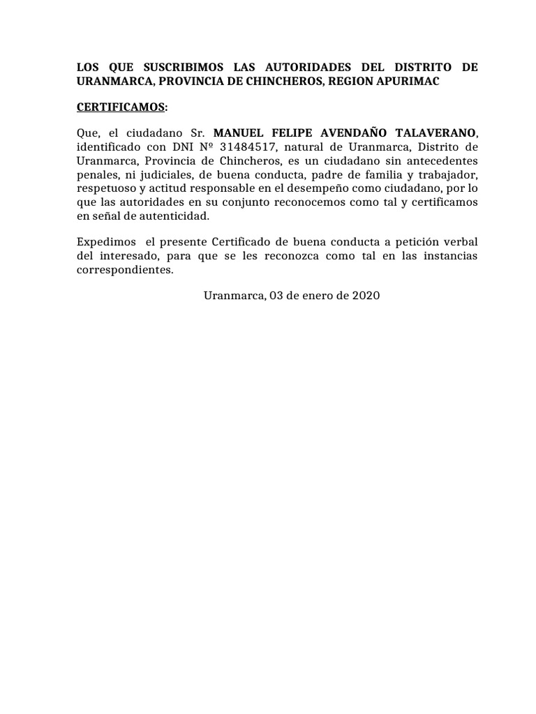 Certificado de Buena Conducta en Uranmarca | PDF