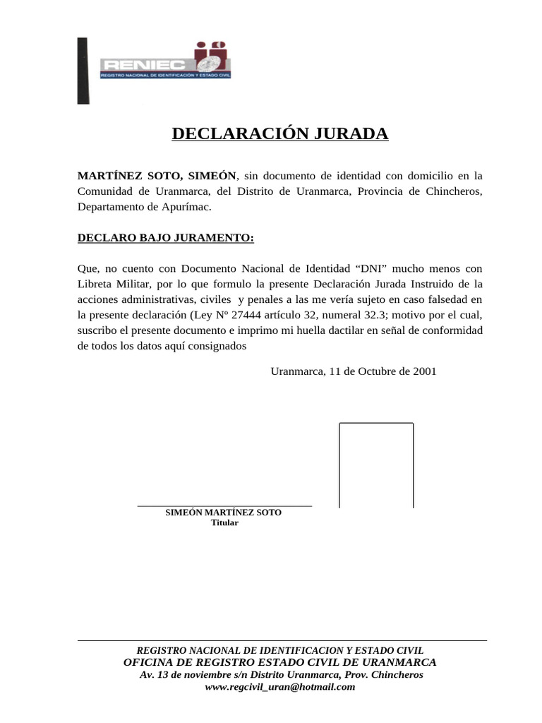 Declaración Jurada Naci Identidad | PDF