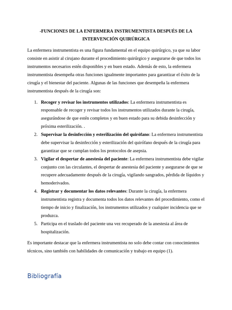 Funciones de La Enfermera Instrumentista Después de La Intervención Quirúrgica | PDF