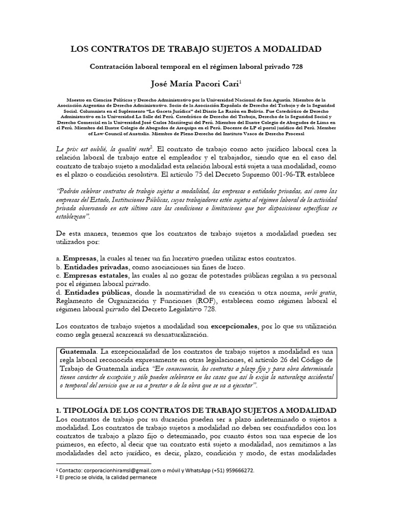 LOS CONTRATOS DE TRABAJO SUJETOS A MODALIDAD 3000 - AUTOR JOSÉ MARÍA PACORI CARI | PDF | Derecho ...