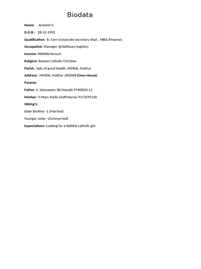 Aravind Biodata | PDF