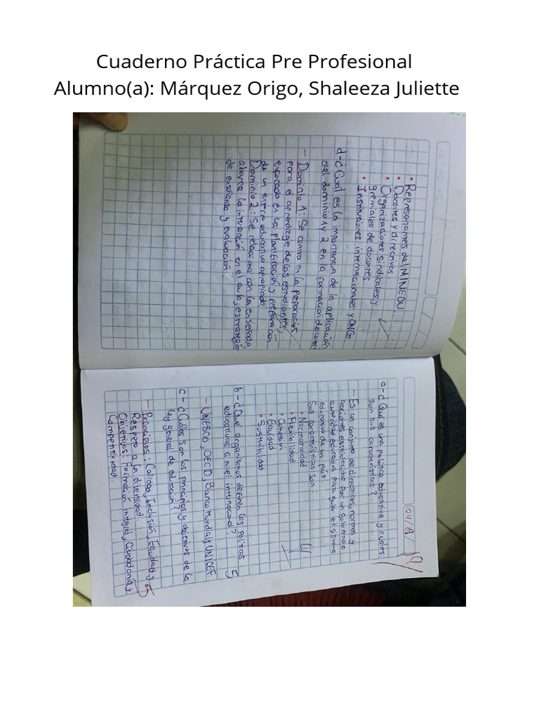 Cuaderno Práctica Pre Profesional Alumno (A) Márquez Origo, Shaleeza ...