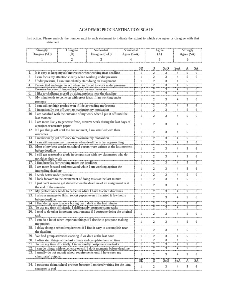 Academic Procrastination Scale | PDF | Procrastination | Professional Skills