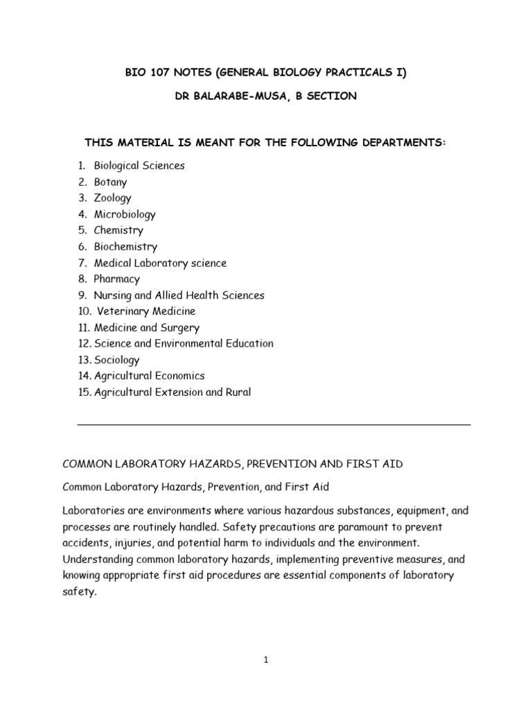 Bio 107 (Dr. Balarabe-Musa, B) Notes | PDF | Hazards | Laboratories