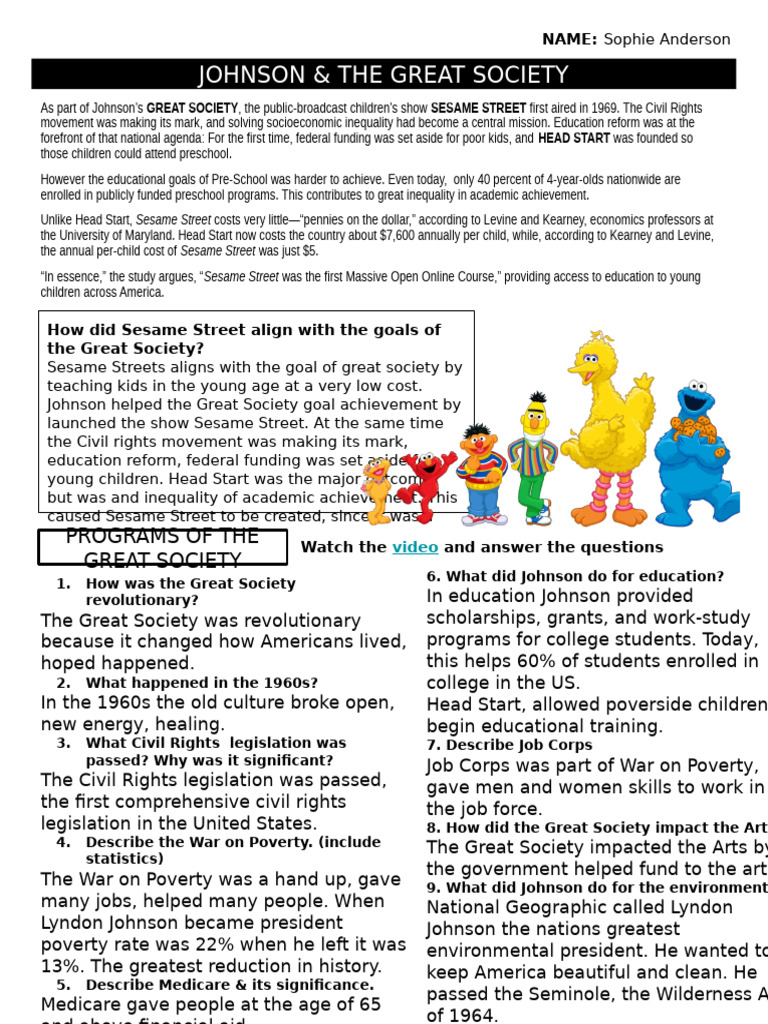 Worksheet and Poster - Johnson - The Great Society - Sophie Anderson ...