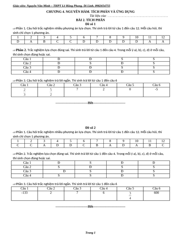 Dap An de So 1 2 3 Tich Phan | PDF