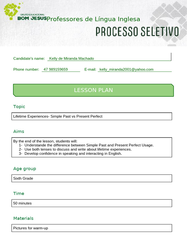 Plano de Aula Língua Inglesa - Sexto Ano - Lesson Plan Bom Jesus | PDF ...