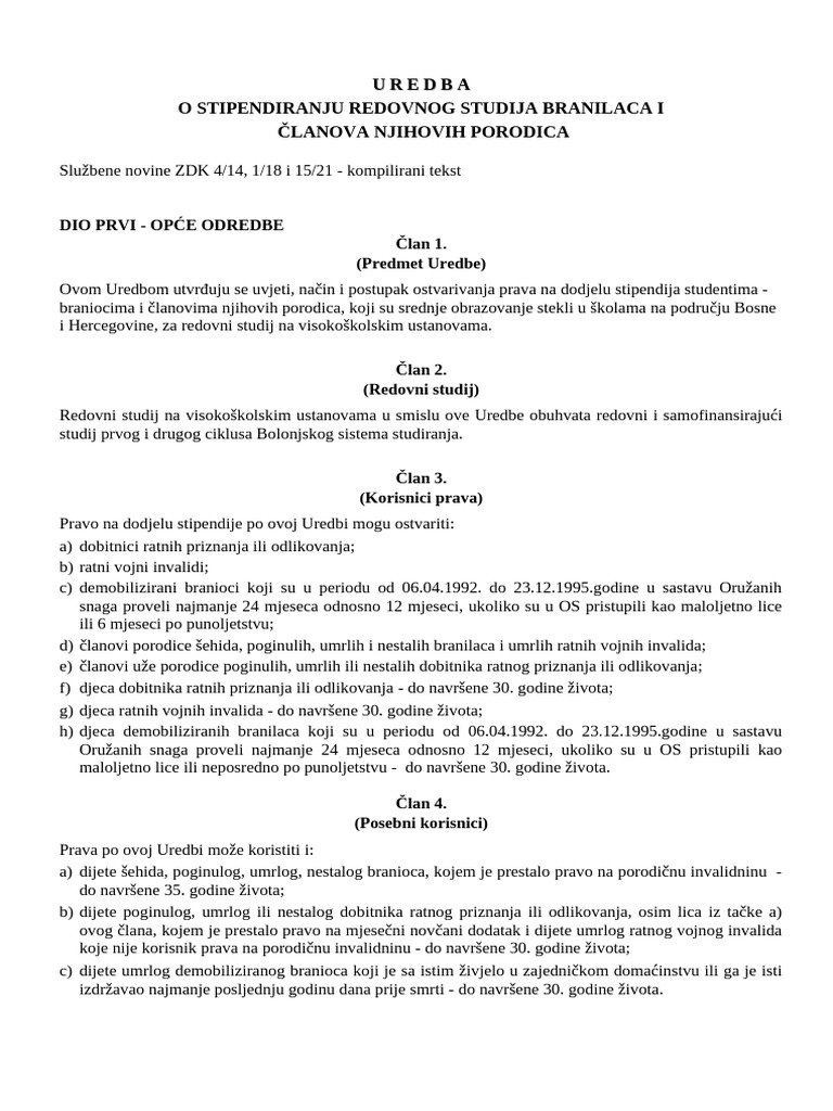 Uredba o Stipendiranju - Kompilirani Tekst | PDF