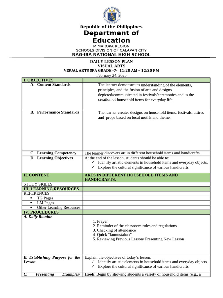 Daily Visual Arts Lesson Plan for Grade 7 | PDF | Learning | Liberal ...