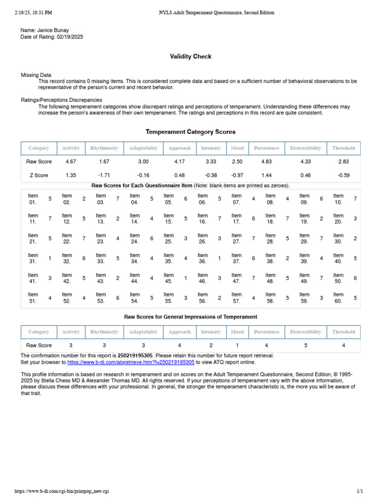NYLS Adult Temperament Questionnaire, Second Edition | PDF ...