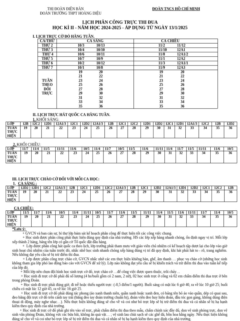 LỊCH TRỰC HKII | PDF
