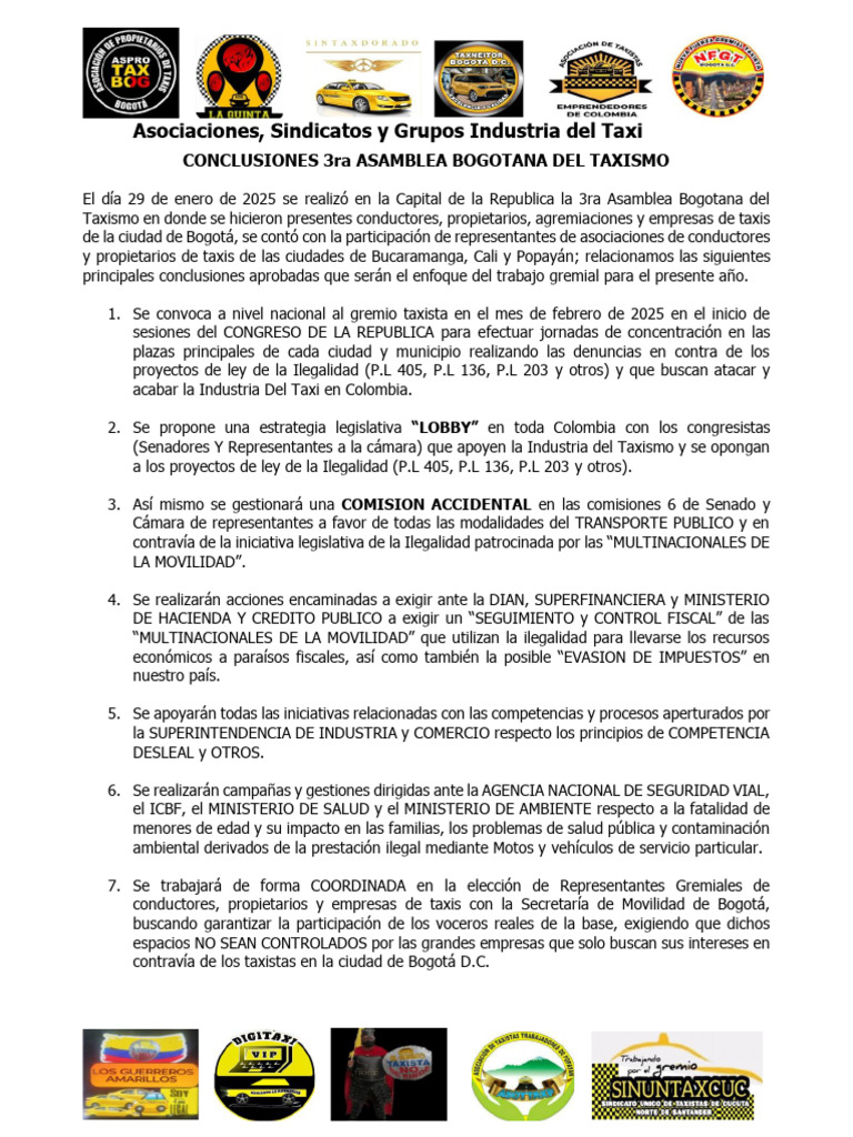 DETERMINACIONES 3ra ASAMBLEA BOGOTANA DEL TAXISMO 1 | PDF | Bogotá ...