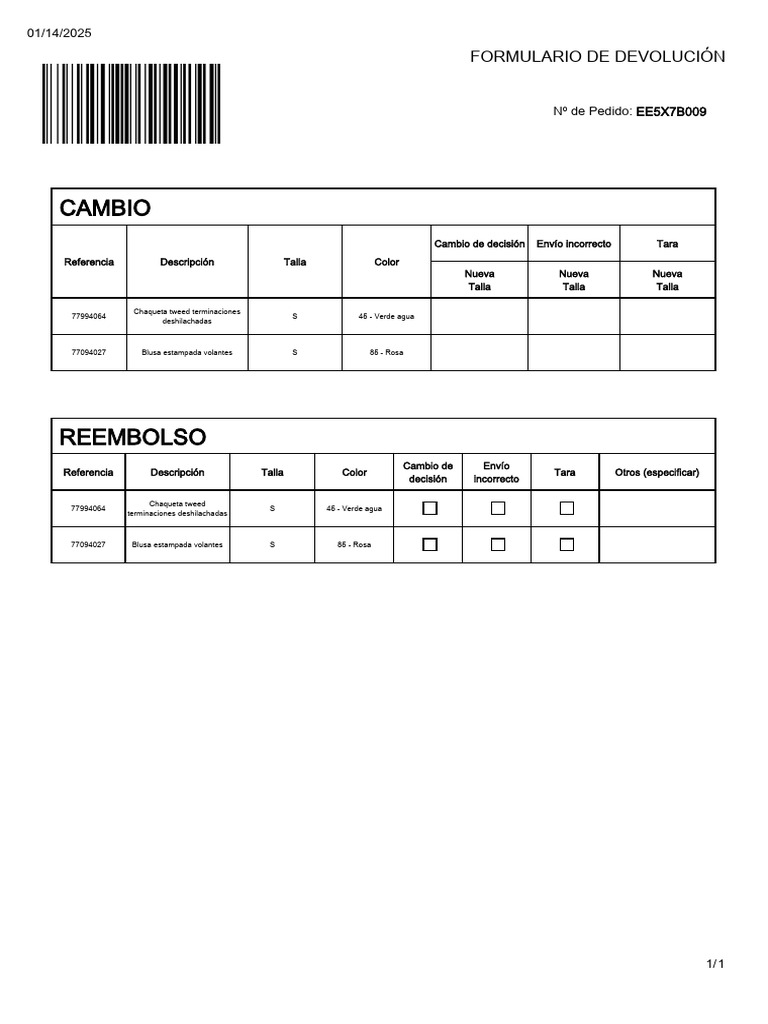 Formulario de Devolución de Ropa | PDF