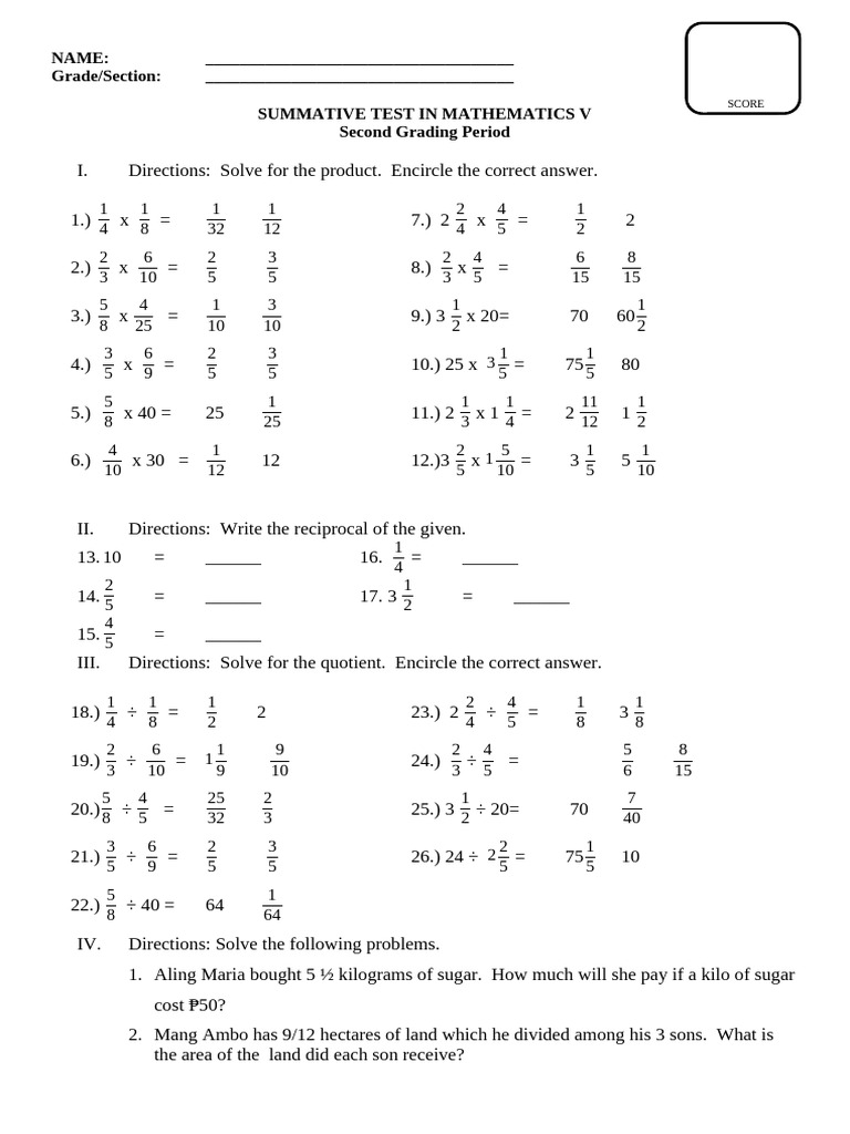 Mathematics V & VI Summative Test | PDF
