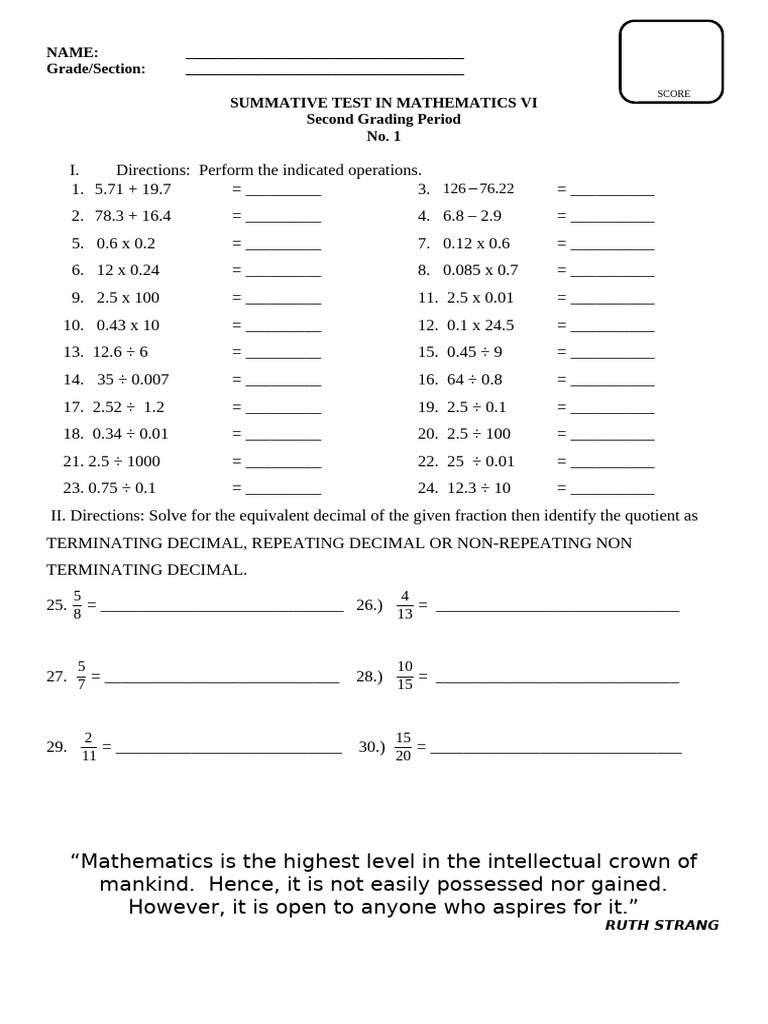 SUMMATIVE TEST IN MATH V1 I -5 | PDF | Decimal | Mathematical Notation