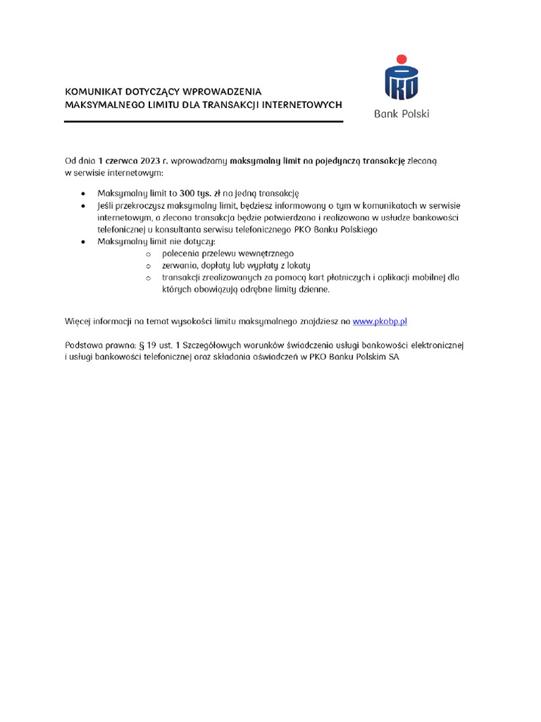 PKO - Komunikaty Dotyczące Rodzajów I Wysokości Limitów Transakcji Zleconych W Serwisie ...