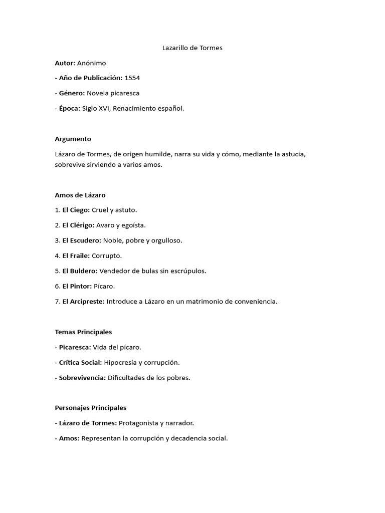 Infografía sobre Lazarillo de Tormes | PDF