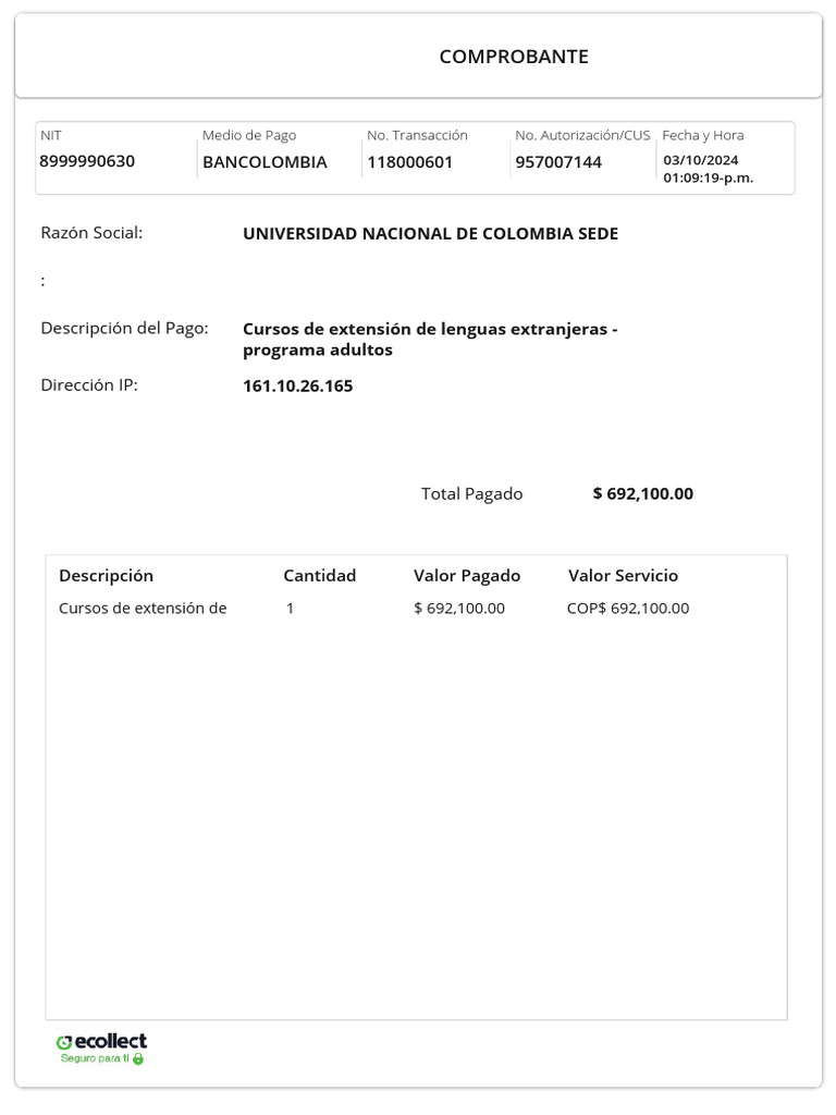 Comprobante de Pago Cursos de Idiomas | PDF