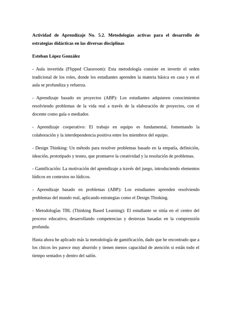 Actividad de Aprendizaje No. 5.2. Metodologías Activas para El Desarrollo de Estrategias ...