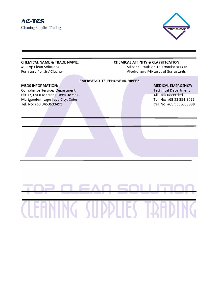 MSDS for AC-TCS Furniture Polish | PDF | Dangerous Goods | Toxicity