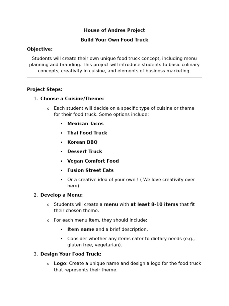 Build Your Own Food Truck Project | PDF | Menu | Food Truck