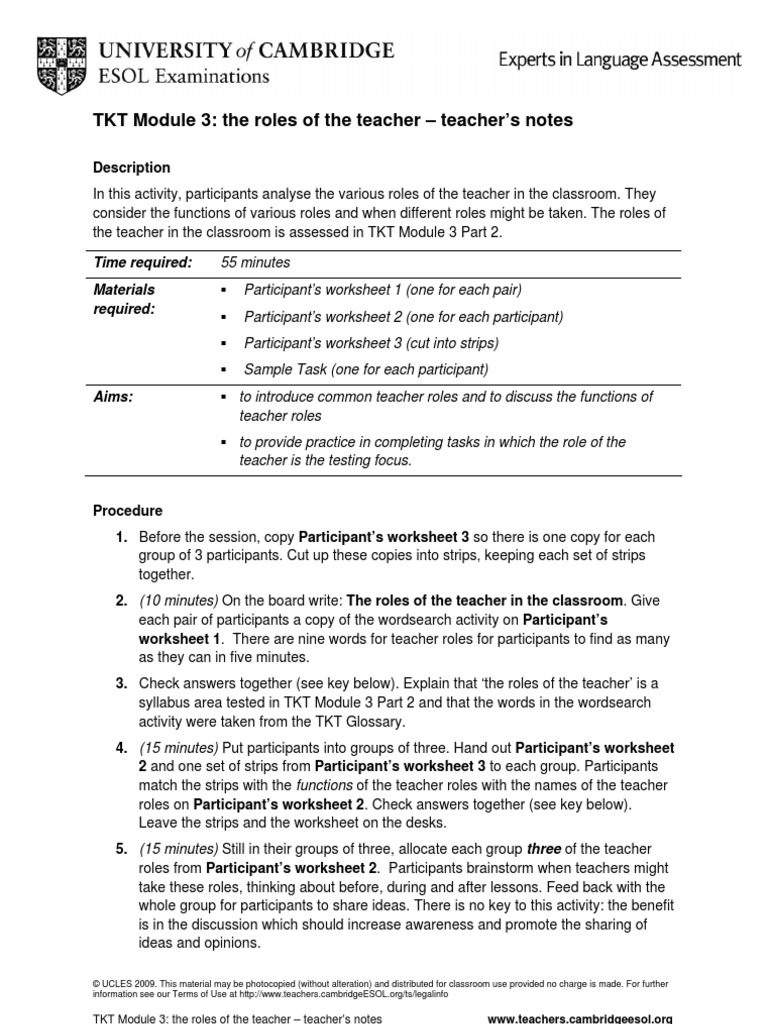 TKT Module 3 The Roles of The Teacher | PDF | Classroom | Teachers