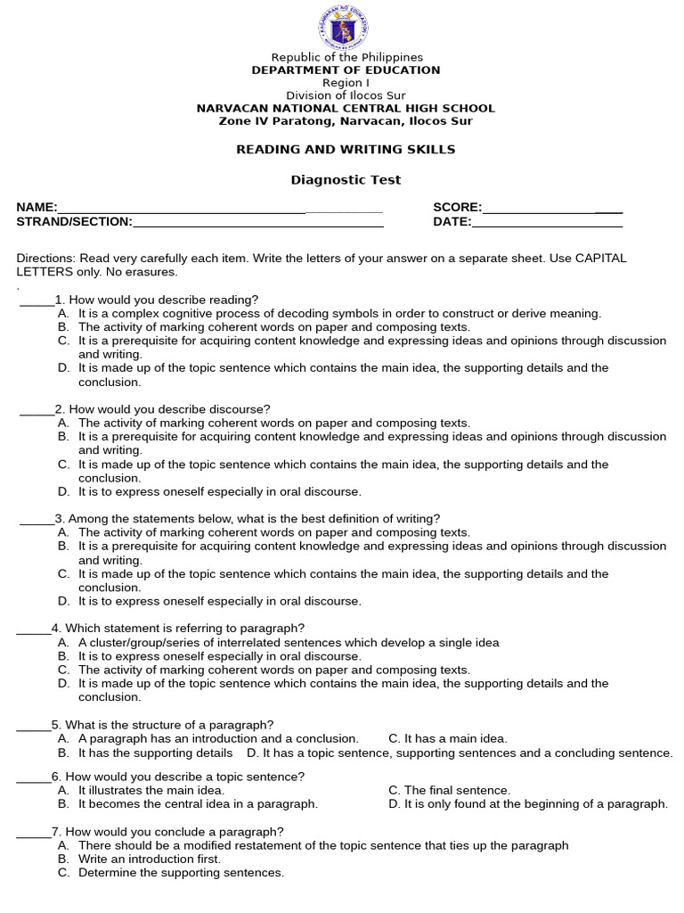 Reading and Writing - Diagnostic Test | PDF | Intertextuality | Paragraph