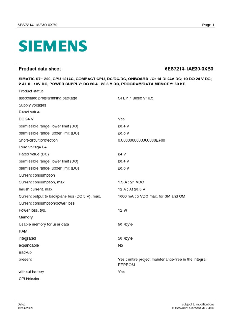 Product Data Sheet 6ES7214-1AE30-0XB0 | PDF | Electromagnetic Interference | Input/Output