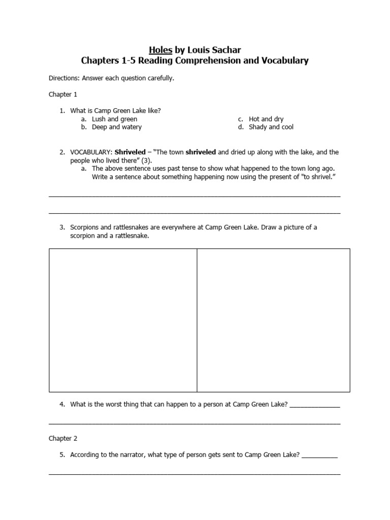 Holes by Louis Sachar Chapters 1-5 Reading Comprehension and Vocabulary ...