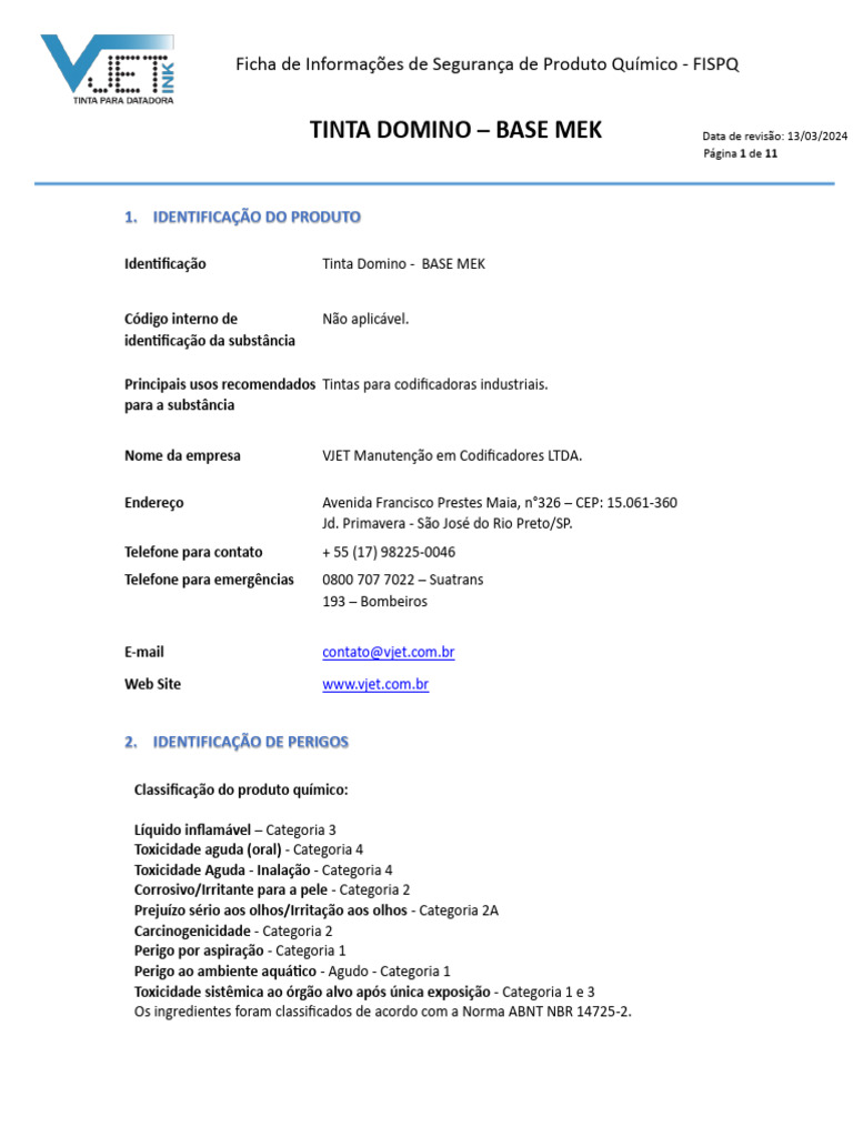 FISPQ Tinta Domino Base MEK: Segurança e Riscos | PDF | Solvente | Veneno