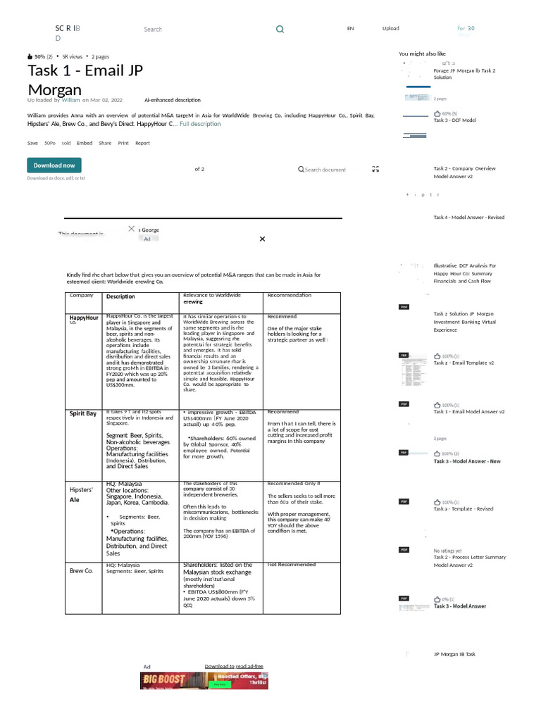 Task 1 - Email JP Morgan PDF Mergers and Acquisitions Drink-Fpscreenshot | PDF | Fermented ...