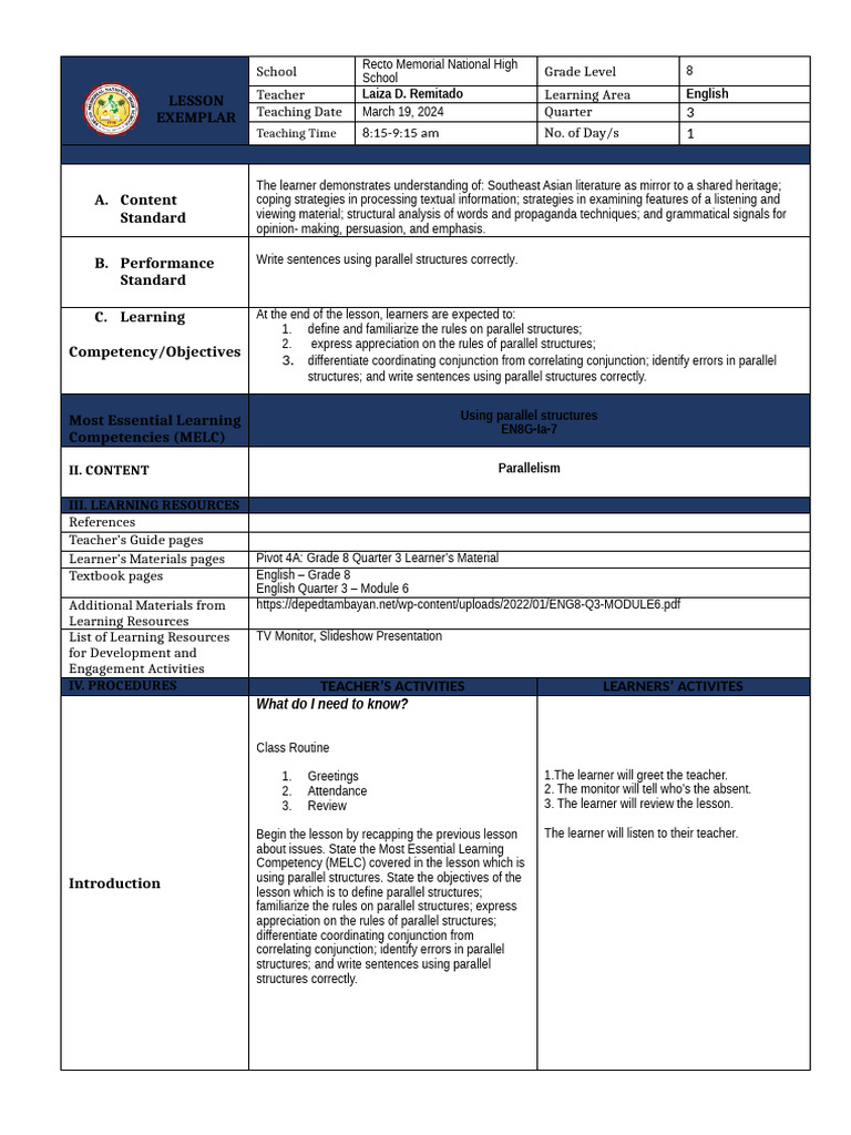 Lesson Exemplar for Parallelism | PDF | English Grammar | Language ...