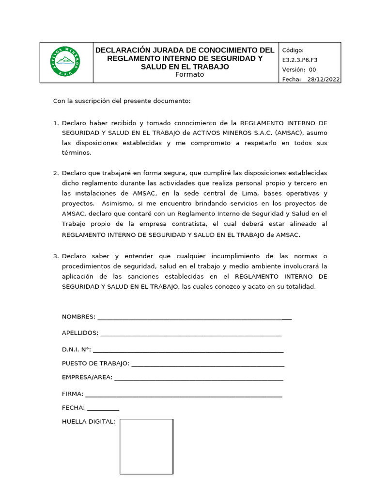 E3.2.3.P6.F3 Declaracion de Conocimiento de Reglamento Interno SST de AMSAC v00 | PDF