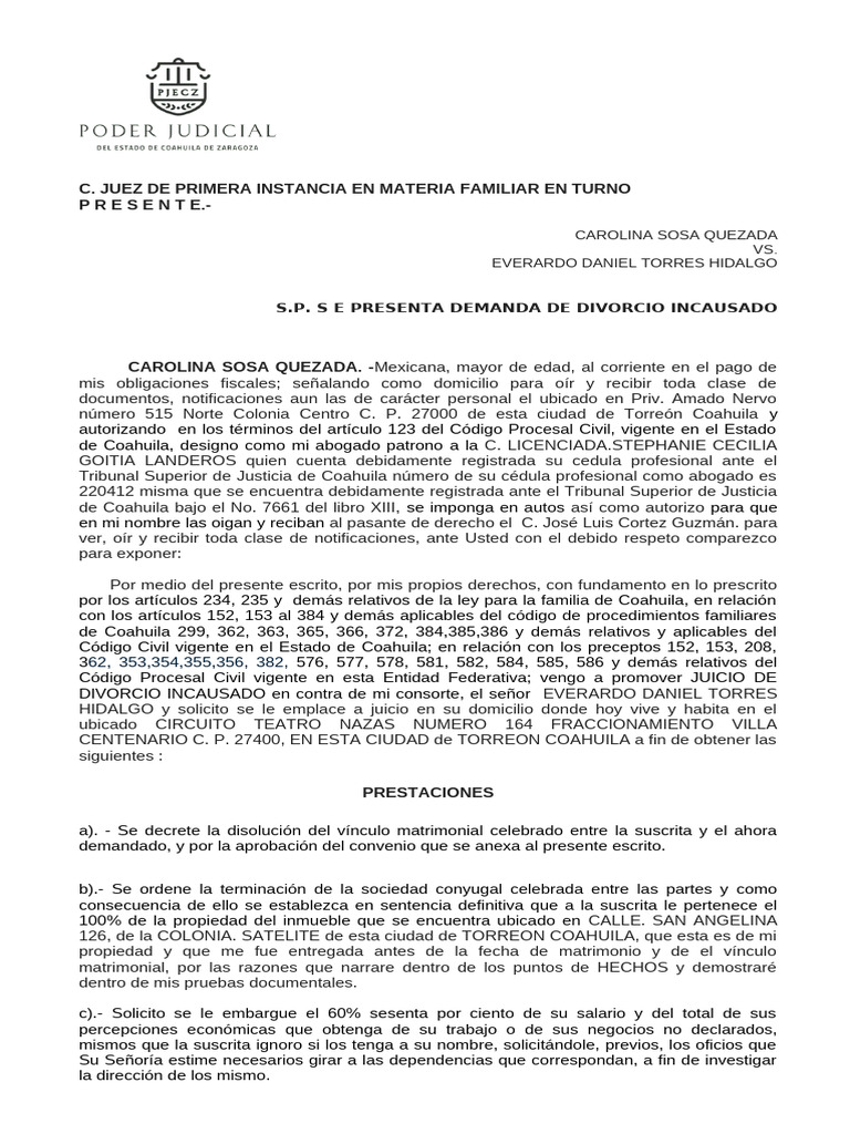 Demanda Y Convenio De Divorcio Incausado Pdf Divorcio Matrimonio