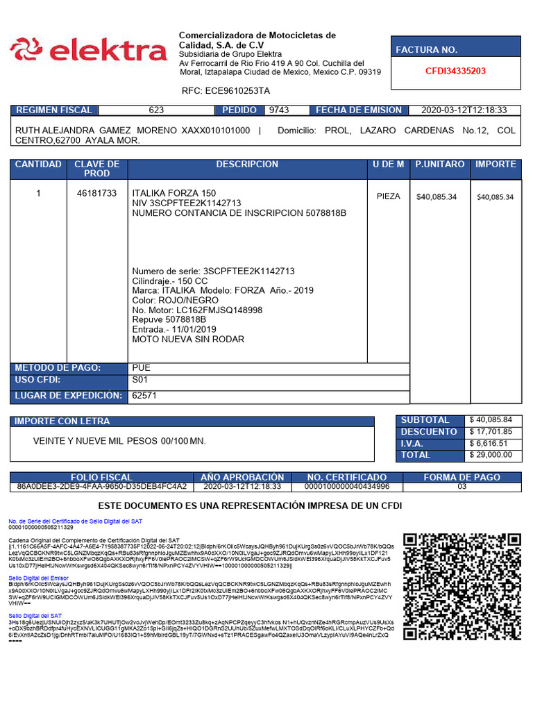 Factura Moto FT 150 2019 | PDF | Motociclismo | México