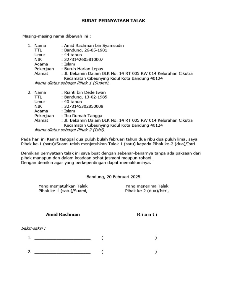 SURAT PERNYATAAN TALAK | PDF