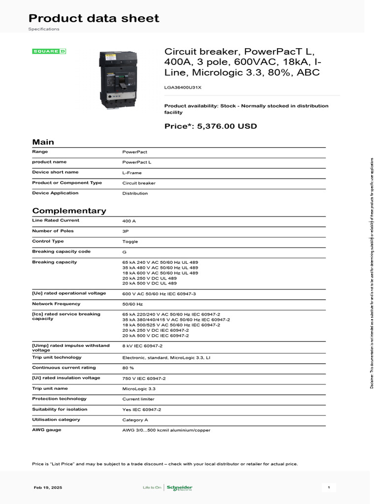 Schneider PowerPacT L Circuit Breaker | PDF | Alternating Current ...