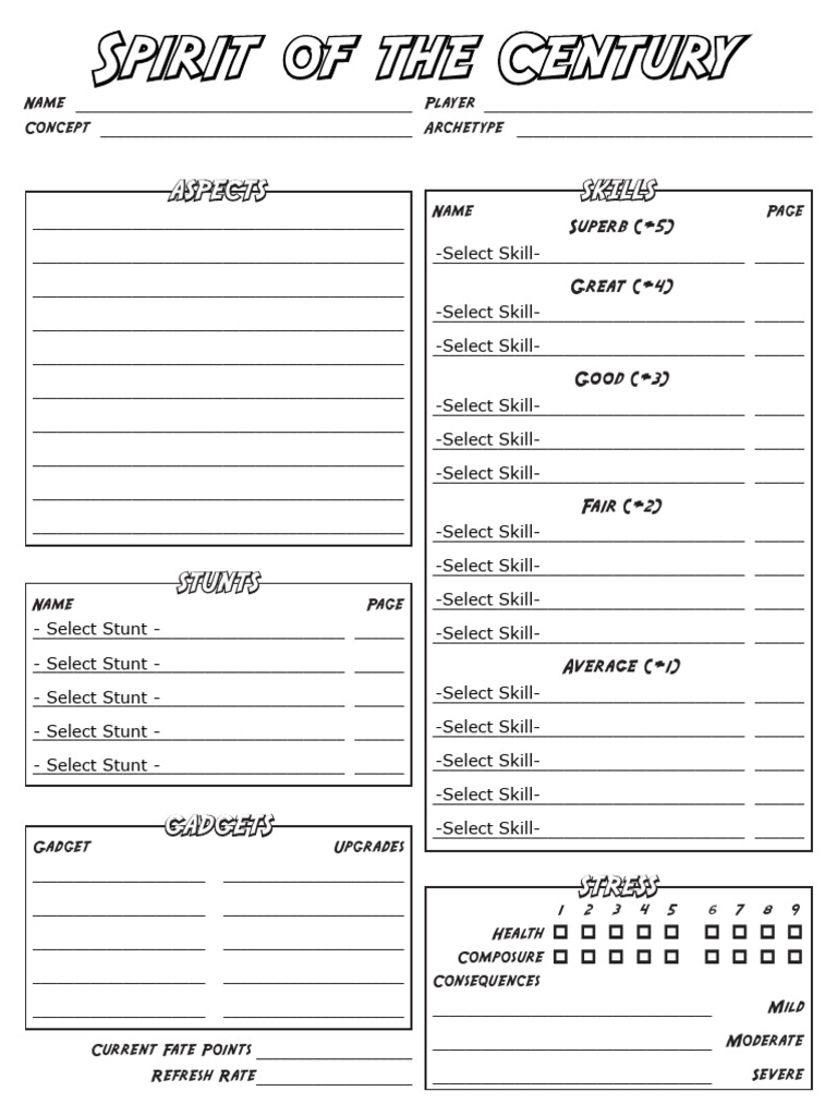 Spirit of The Century 2 Page Sheet | PDF | Role Playing Games