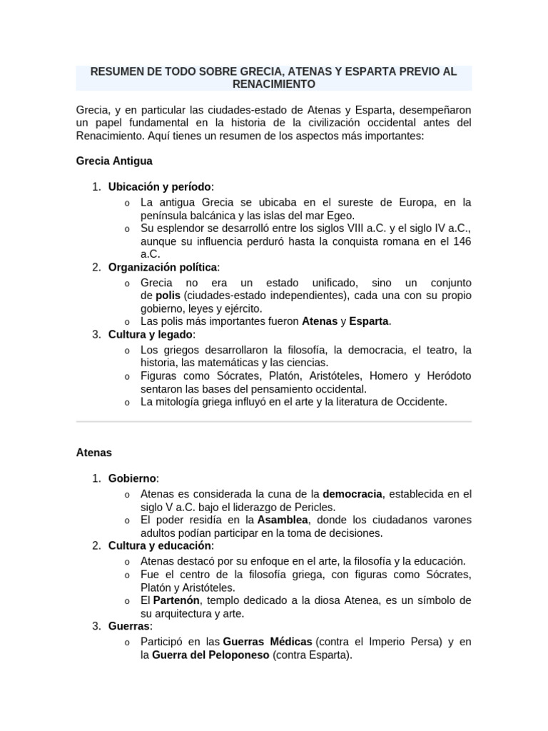 RESUMEN DE TODO SOBRE GRECIA EPOCA ATENAS Y ESPARTA | PDF | Esparta | Antigua Grecia