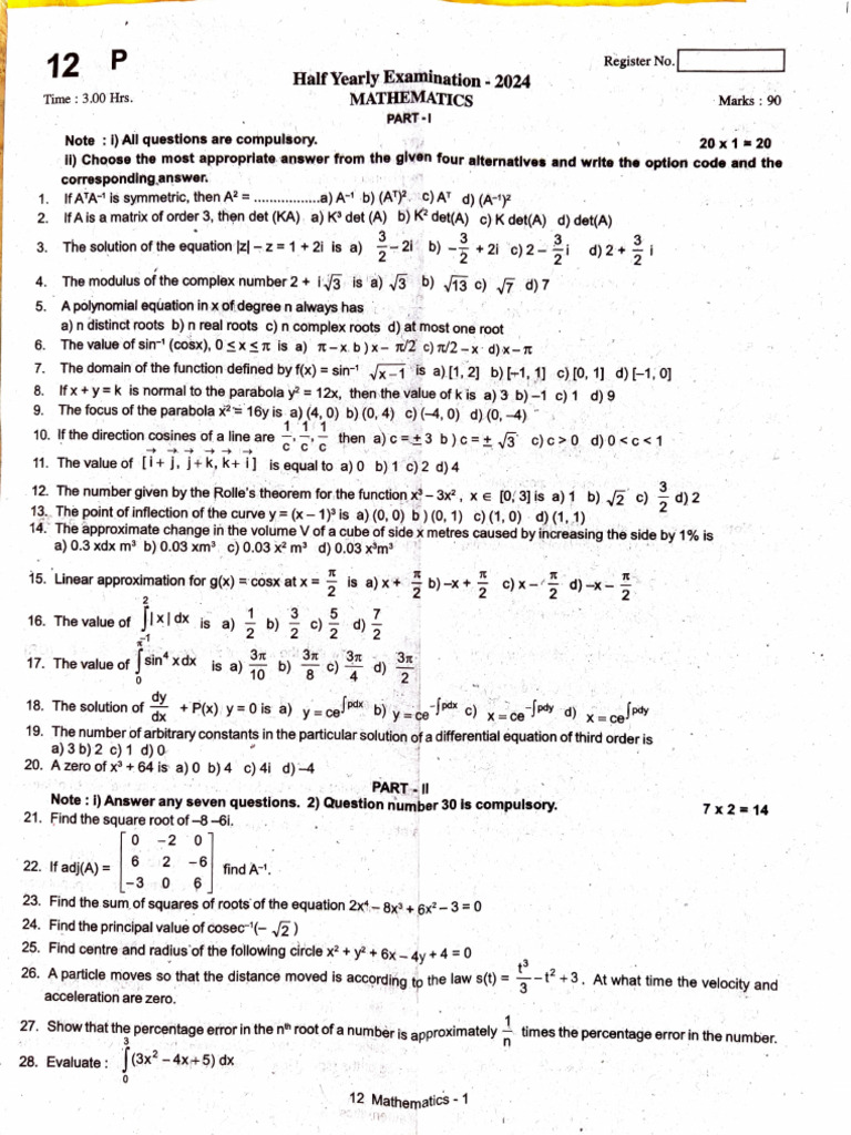 12th Maths EM Half Yearly Exam 2024 Original Question Paper With Answer ...