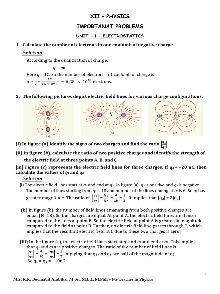 12th Physics Important Problems With Solutions English Medium PDF Download | PDF | Electric ...