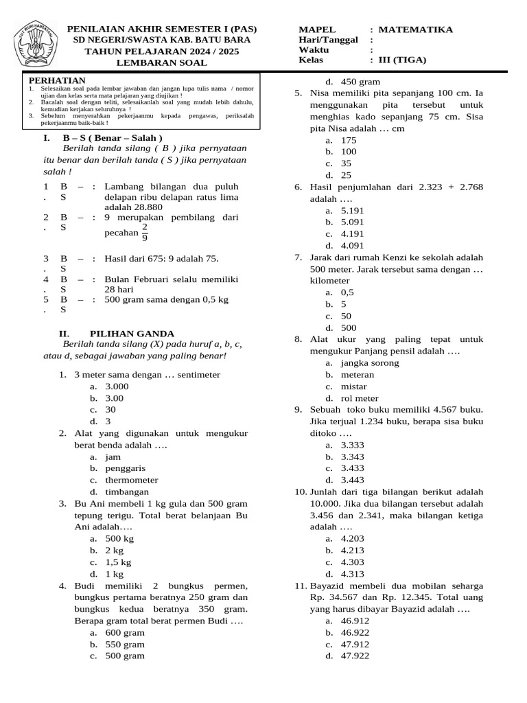 Soal Pas Semester I Matematika Kelas 3 T.P. 2024-2025 | PDF