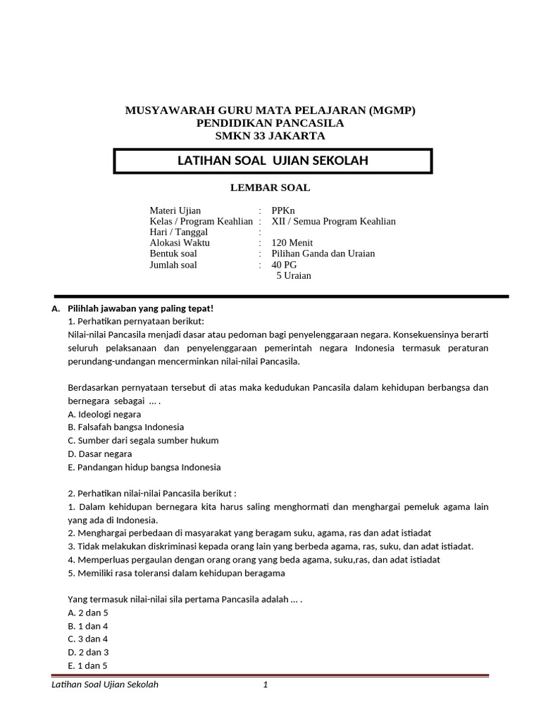 Soal Ujian PPKn Kelas XII SMKN 33 | PDF