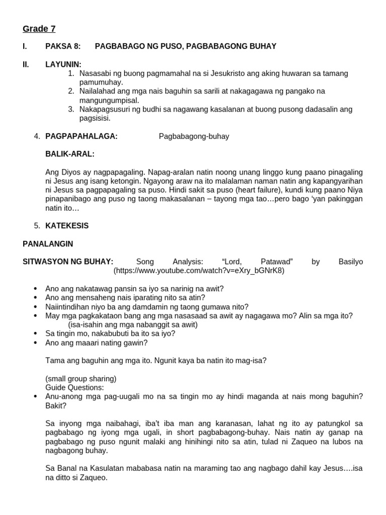 grade-7-LP-8-Pagbabagong-puso-pagbabagong-buhay | PDF