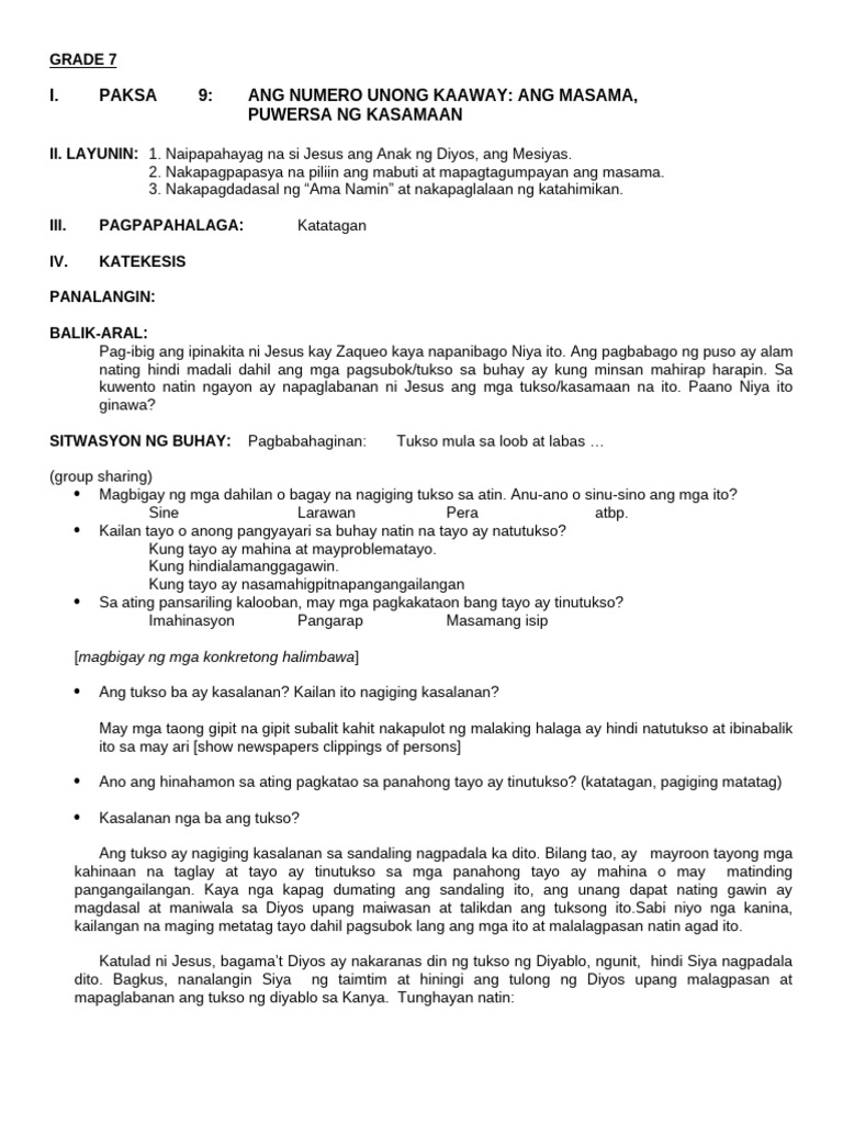 Grade 7 LP 9 Ang Numero Unong Kaaway Ang Masama Puwersa NG Kasamaan | PDF
