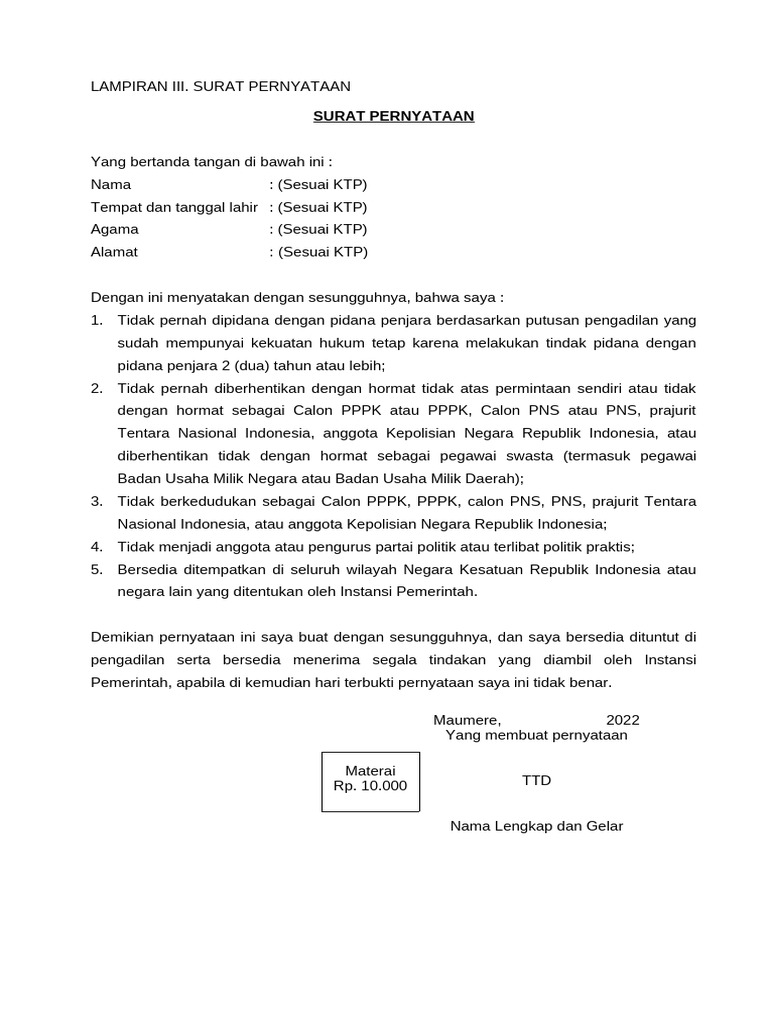 LAMPIRAN III. SURAT PERNYATAAN | PDF