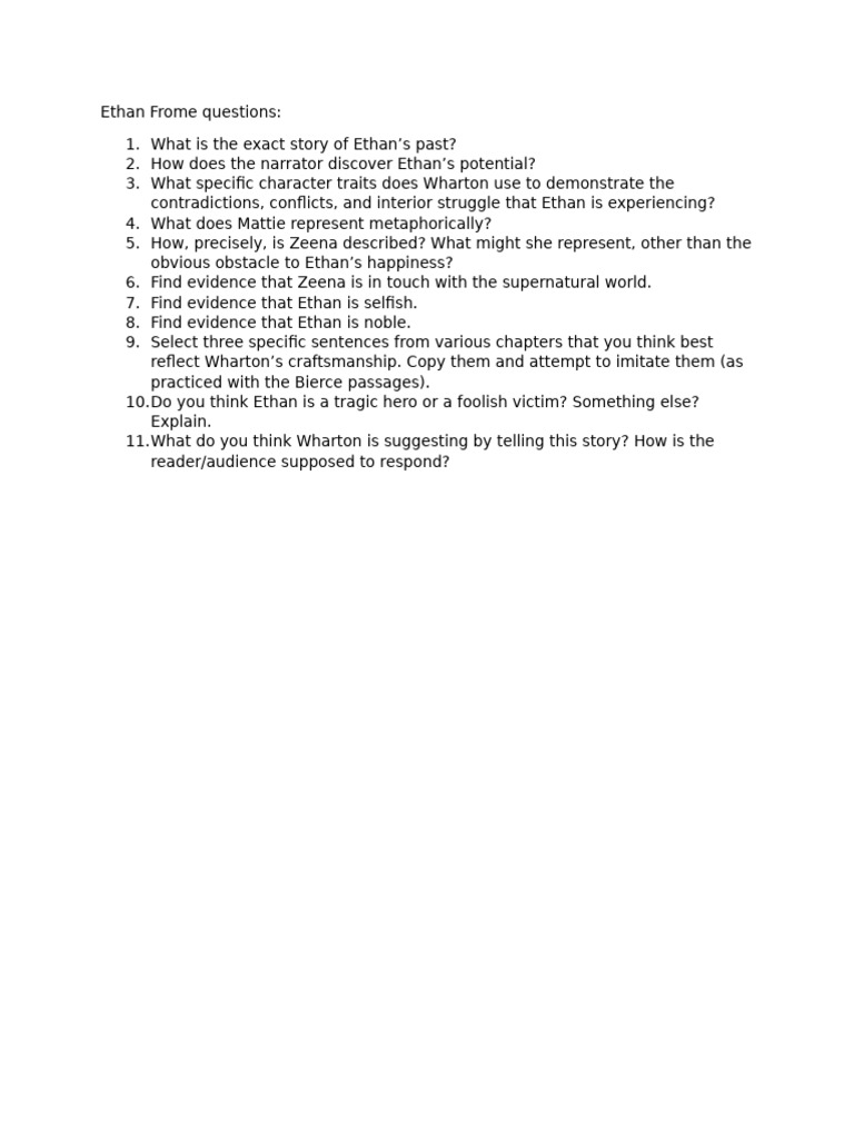 Ethan Frome Discussion Questions | PDF